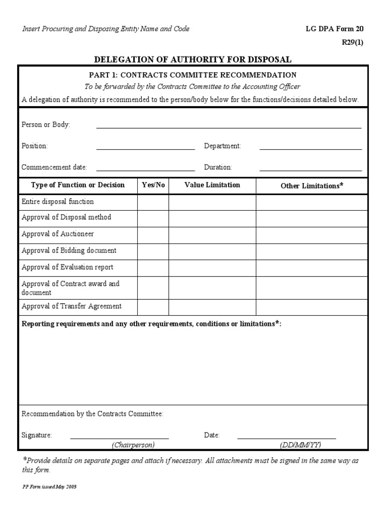 Delegation of Authority For Disposal: LG DPA Form 20 R29 | PDF ...