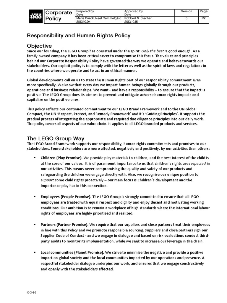 Responsibility Human-Rights-Policy LEGO | PDF | Supply Chain ...