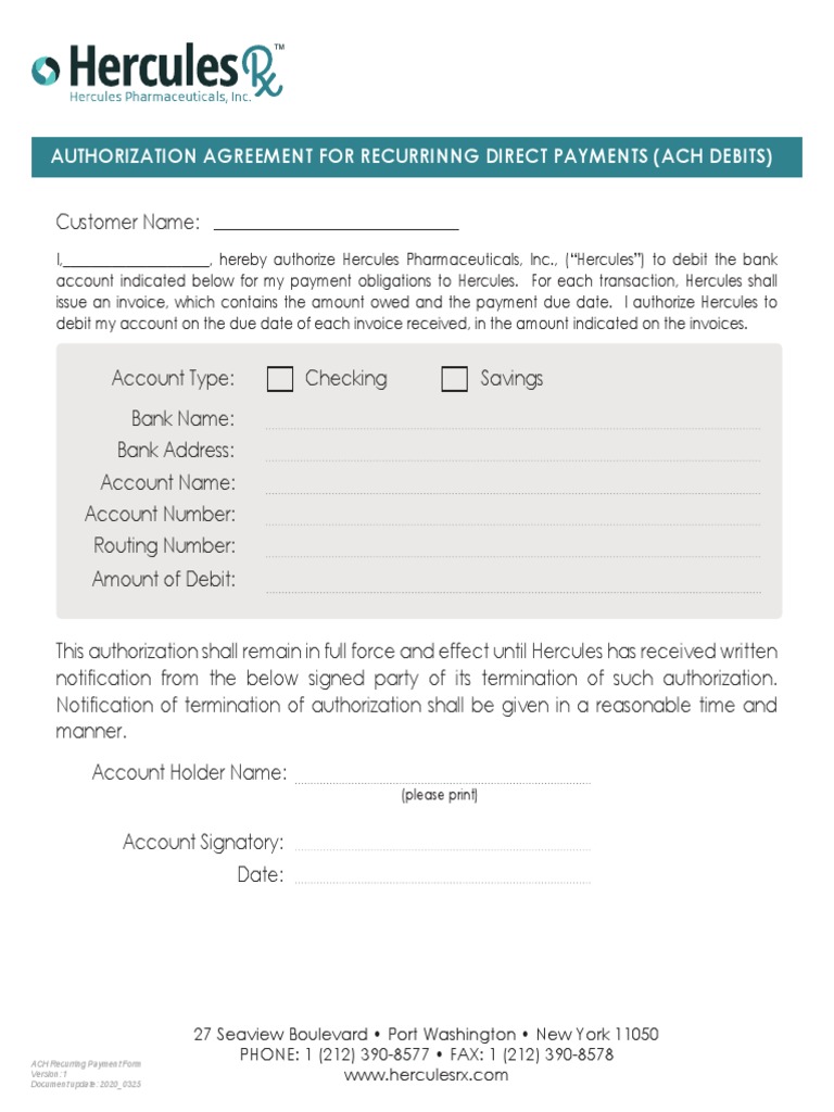 Authorization Agreement For Recurrinng Direct Payments (Ach Debits ...