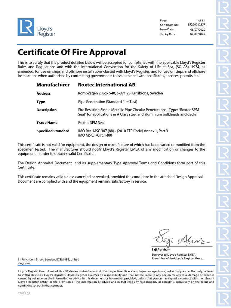 Certificate of Fire Approval: Manufacturer Roxtec International AB ...