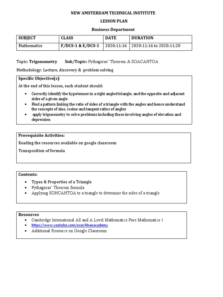 Lesson Plan Trig Ratios | PDF | Triangle | Trigonometric Functions