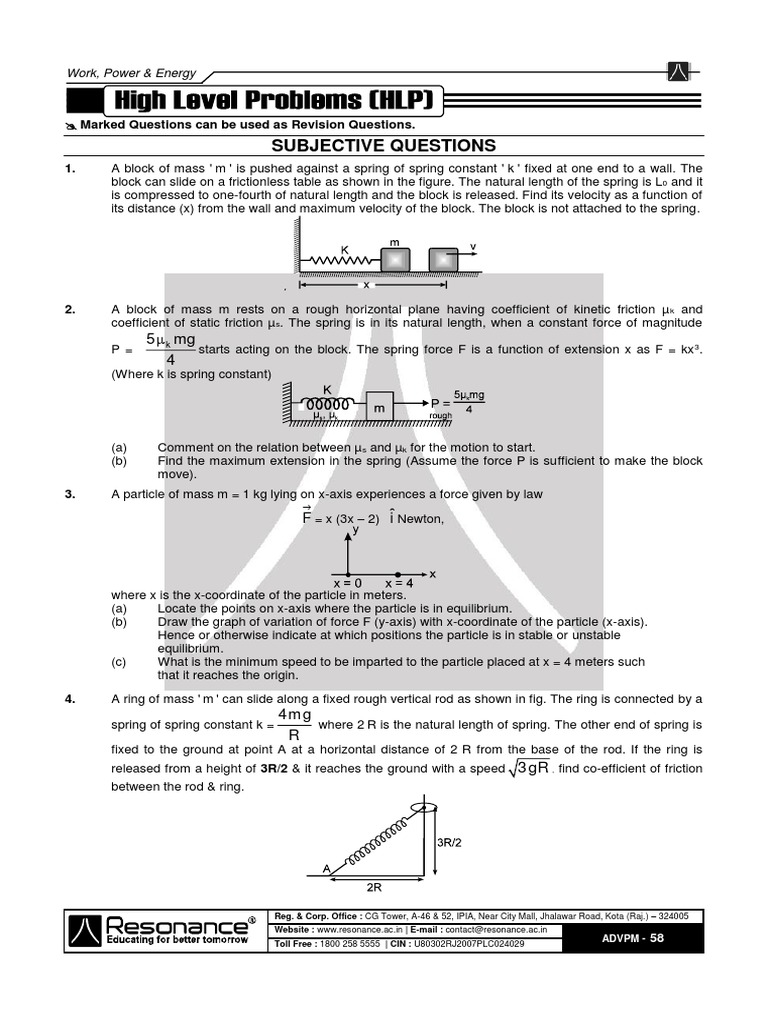 Subjective Questions: Work, Power & Energy | PDF | Force | Friction