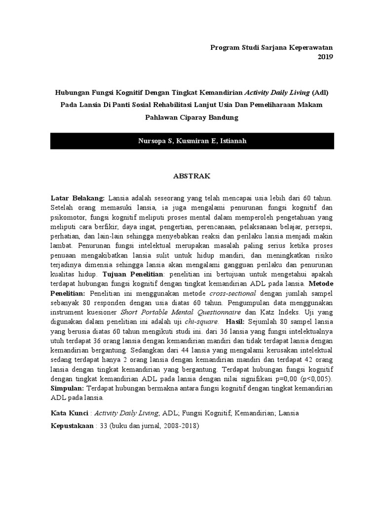 Manuskrip Hubungan Fungsi Kognitif Dengan Tingkat Kemandirian ADL Pada Lansia | PDF