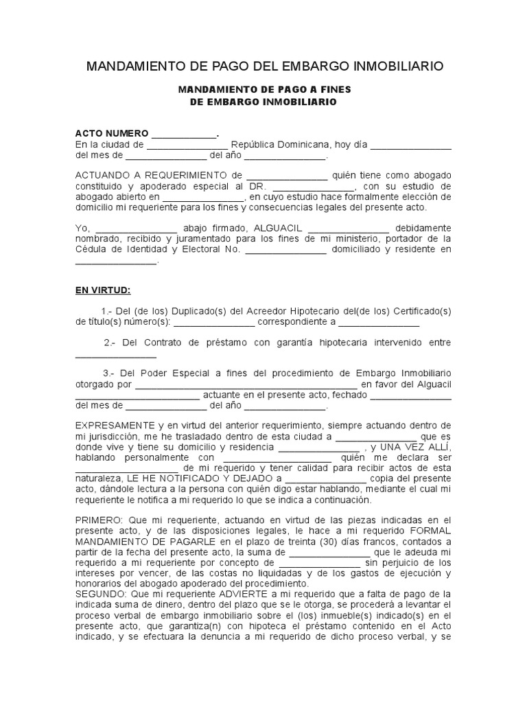 Mandamiento de Pago Del Embargo Inmobiliario | PDF | Hipoteca Comercial ...