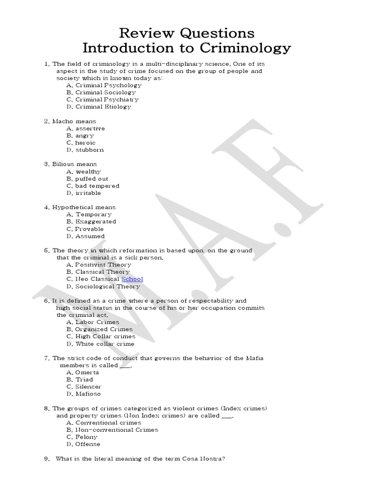 Review Questions Introduction To Criminology: School | PDF ...