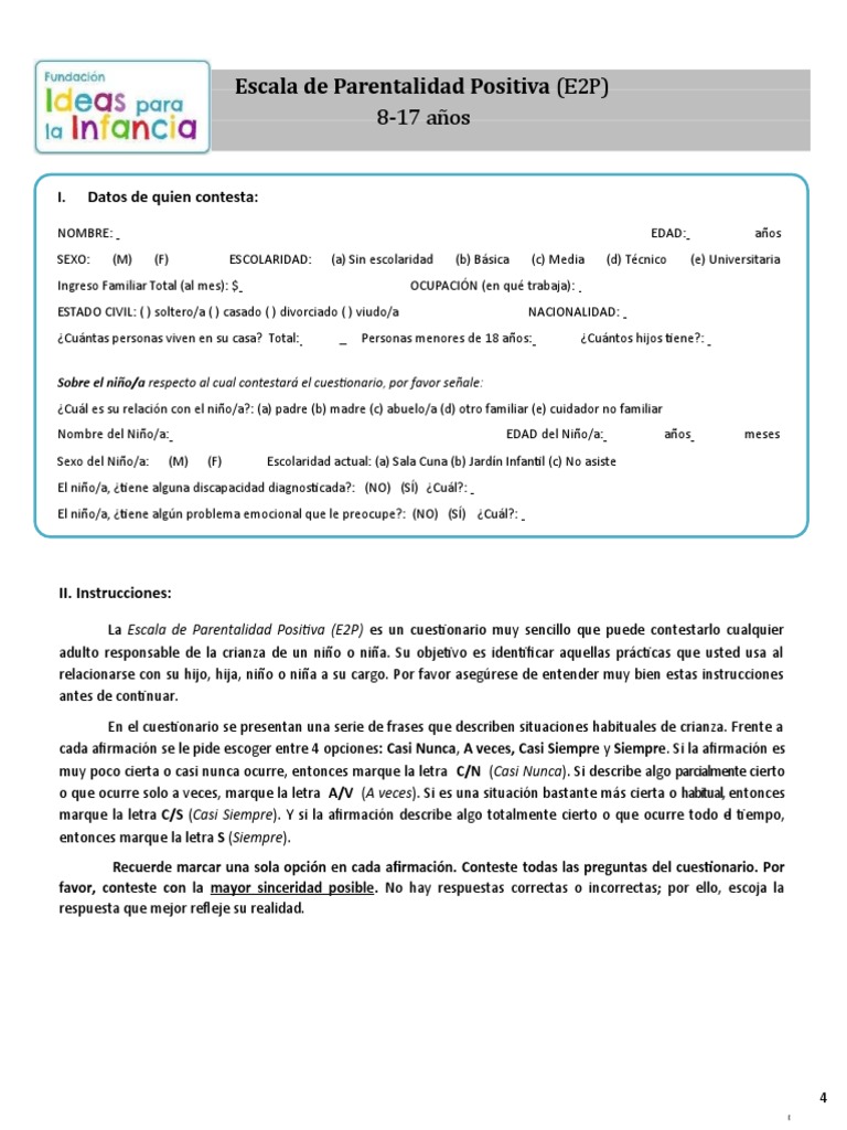 Escala de Parentalidad Positiva (E2P) 8-17 Años | PDF | Cuestionario | Salud y bienestar