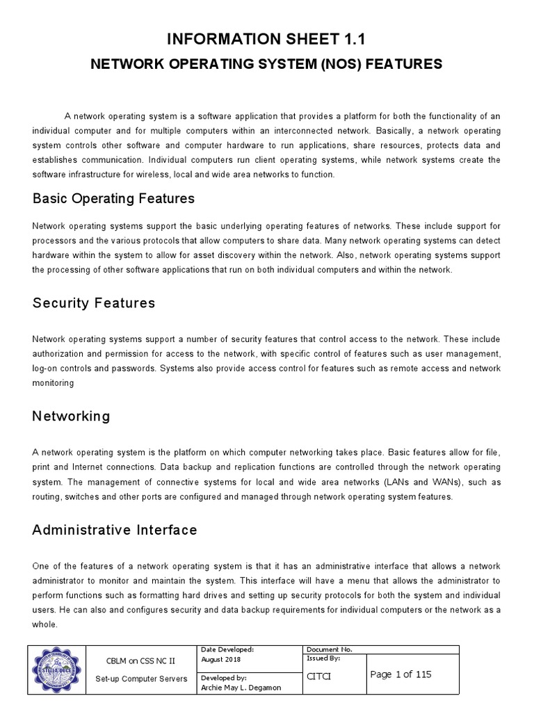 Information Sheet 1.1: Network Operating System (Nos) Features | PDF | Active Directory ...