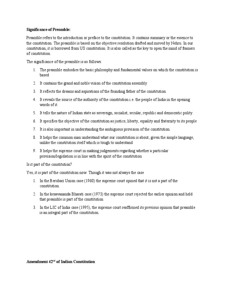 Significance of Preamble and Amendment 42nd-1 | PDF | Political ...