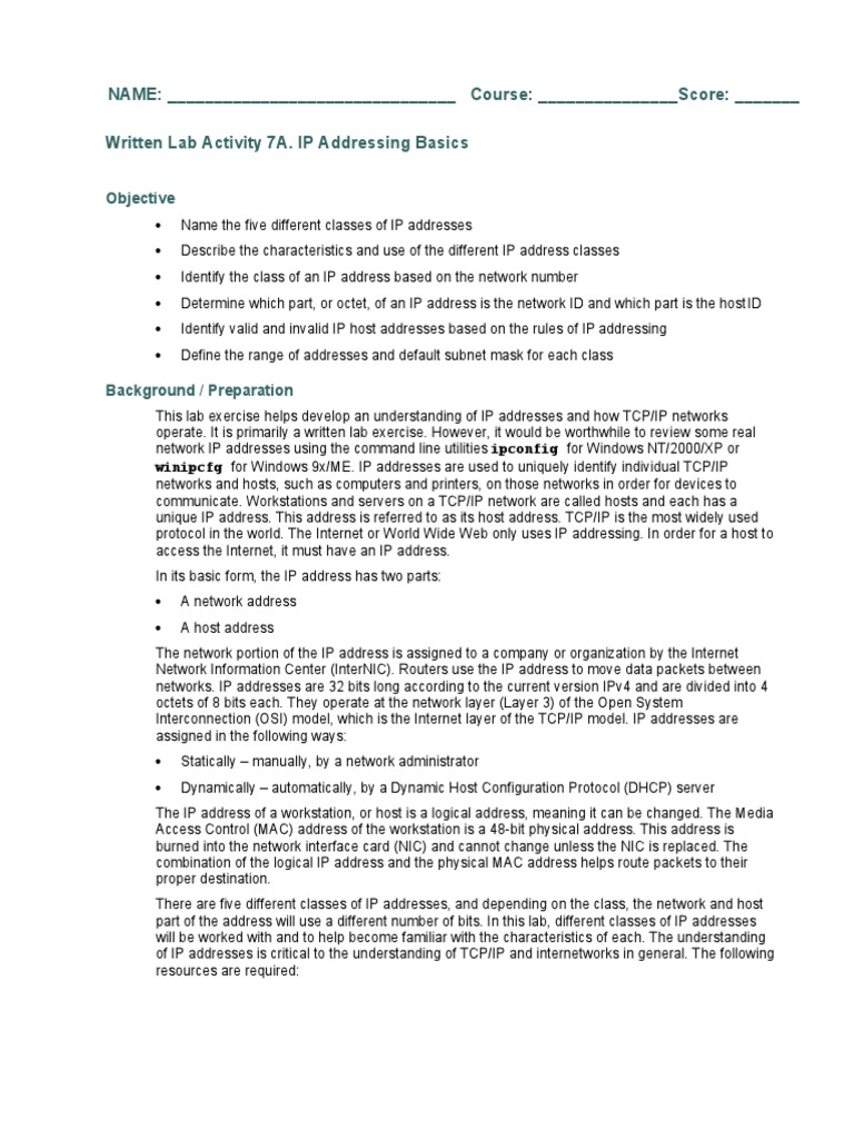 Labotratory Activity 7 A - Ip Addressing Basics PDF | PDF | Ip Address | Computer Network