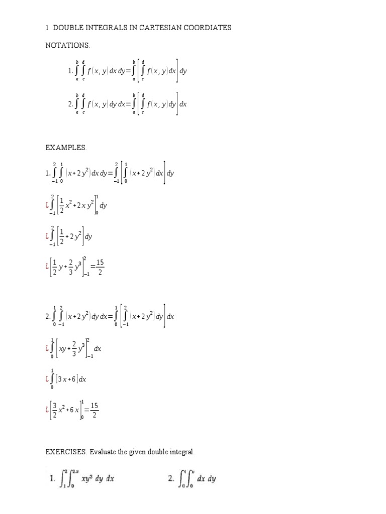 1 Double Integrals in Cartesian Coordinates | PDF | Integral ...