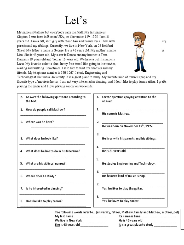 Lets Meet Mathew Personal Information Reading Comprehension Exercises ...