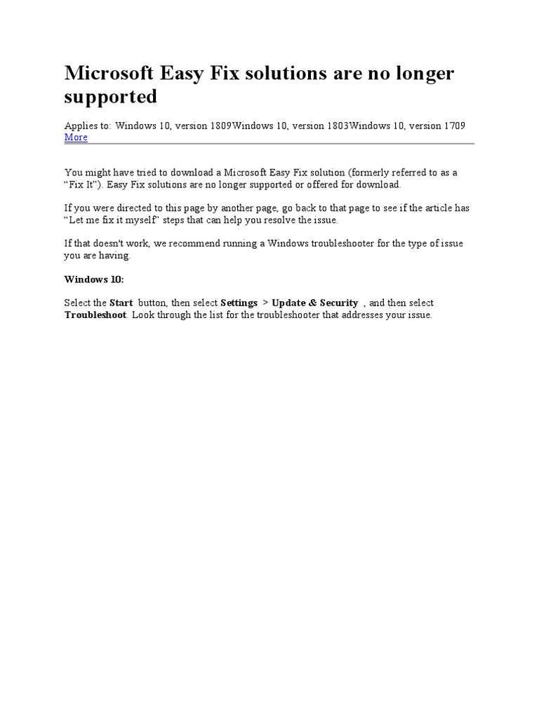 Microsoft Easy Fix Solutions Are No Longer Supported: Windows 10 | PDF