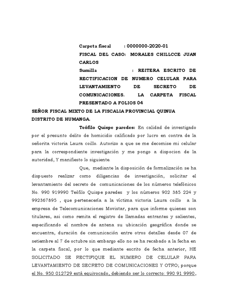 Escrito Levantamiento de Secreto de Comunicaciones | PDF | Violencia | Thriller y crimen