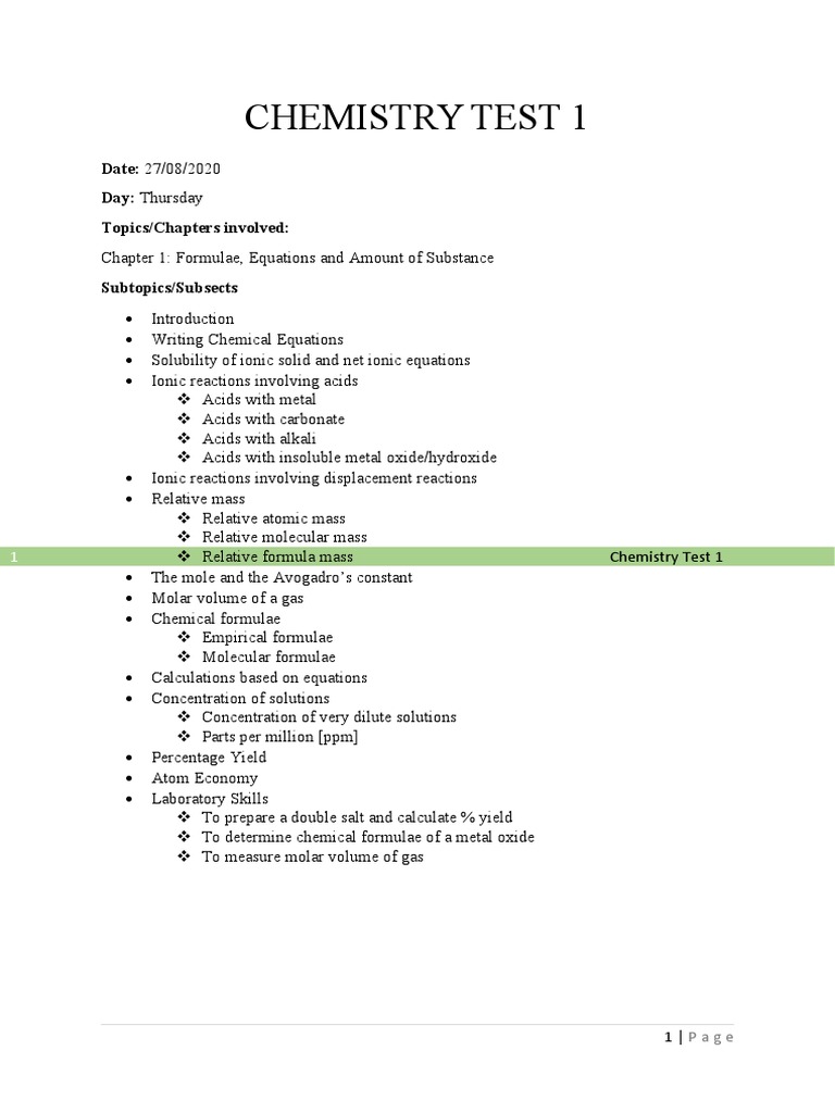 Chemistry Test 1: Date: 27/08/2020 Day: Thursday Topics/Chapters ...