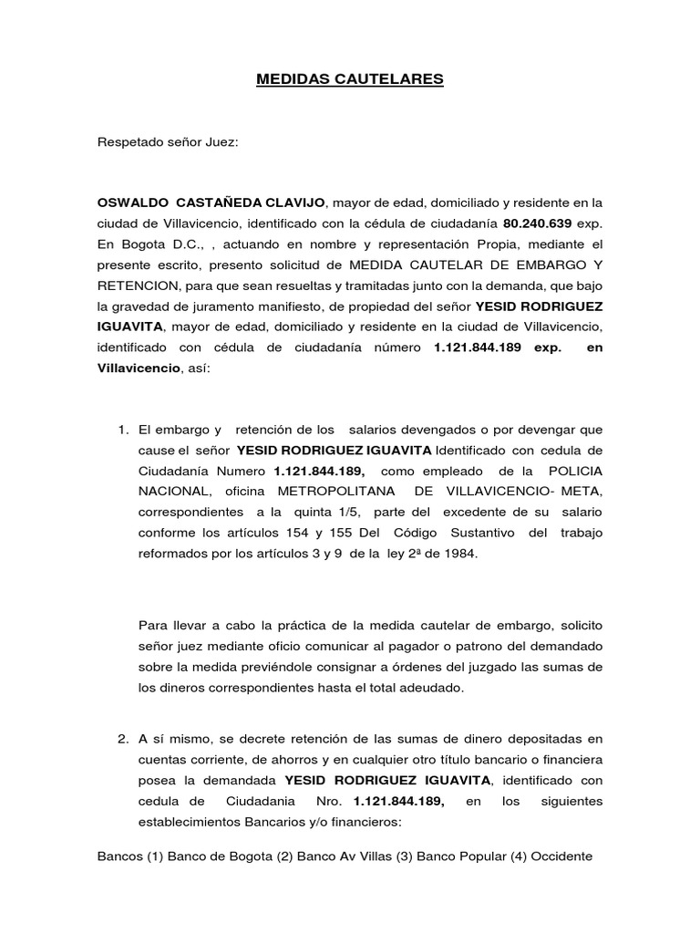 Medidas Cautelares Demanda Ejecutiva Yesid Rodriguez PDF | PDF ...