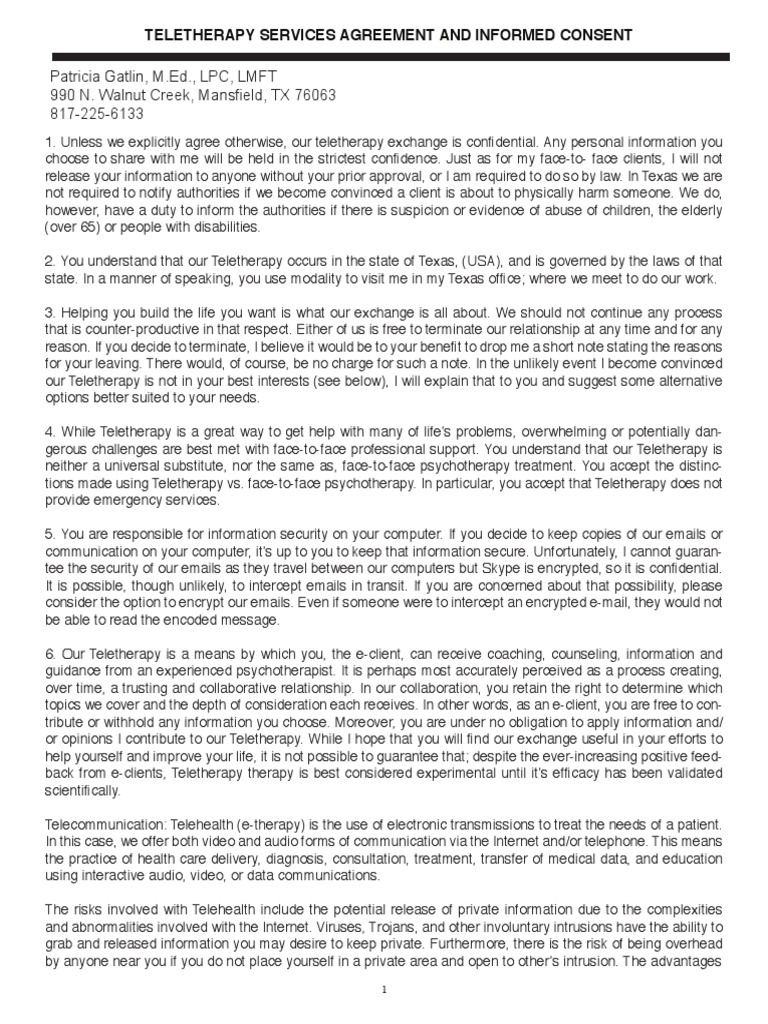 2014 Teletherapy Agreement | PDF | Psychotherapy | Health Care