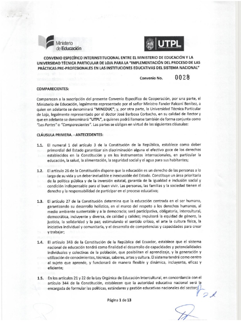 Convenio MINEDUC UTPL PDF | PDF