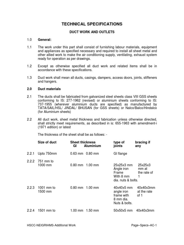 Technical Specifications: Duct Work and Outlets General | PDF | Duct (Flow) | Specification ...