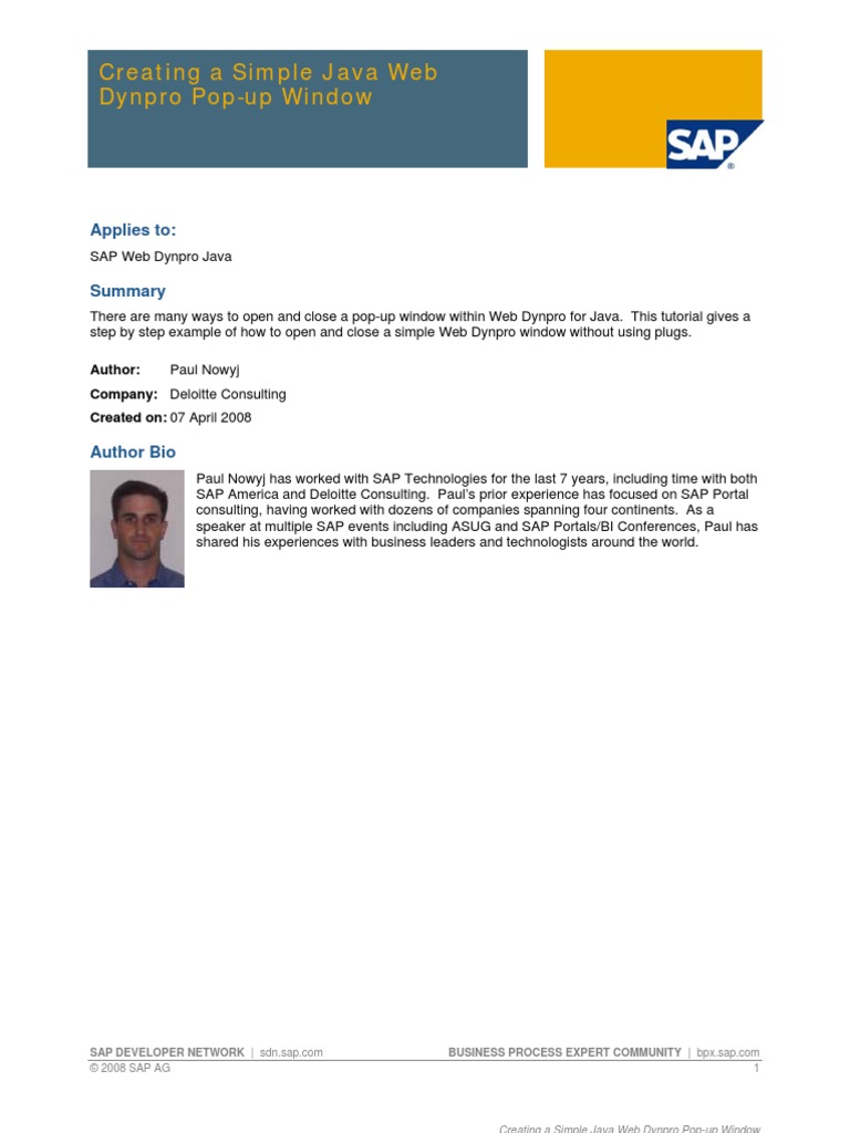 Creating A Simple Java Web Dynpro Pop-Up Window: Applies To | PDF | Application Programming ...