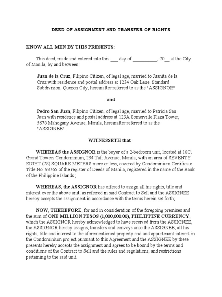 Deed of Assignment and Transfer of Rights | Download Free PDF ...