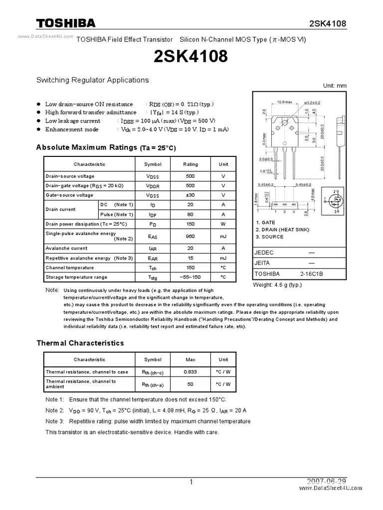 2SK4108 MOSFET Datasheet Summary | PDF | Field Effect Transistor | Mosfet
