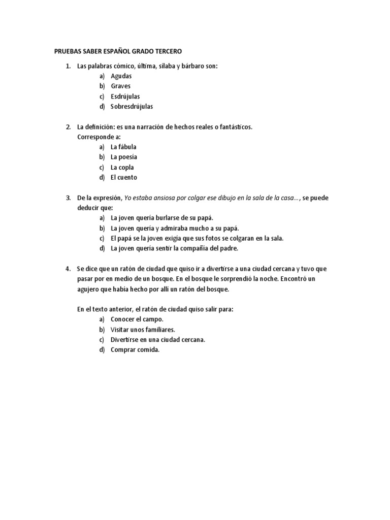 Pruebas Saber Español Grado Tercero | PDF