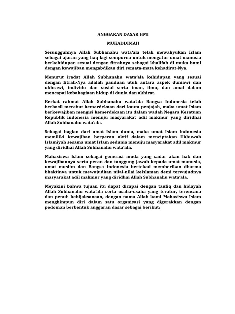 Anggaran Dasar Hmi | PDF