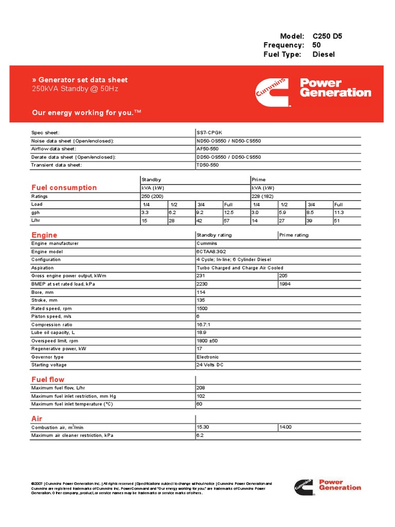 Generator Set Data Sheet: 250kVA Standby at 50Hz | PDF | Diesel Engine ...