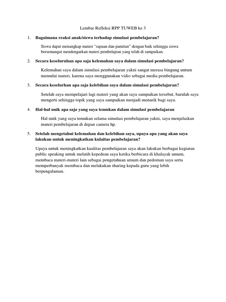 #Lembar Refleksi RPP TUWEB Ke 2 | PDF