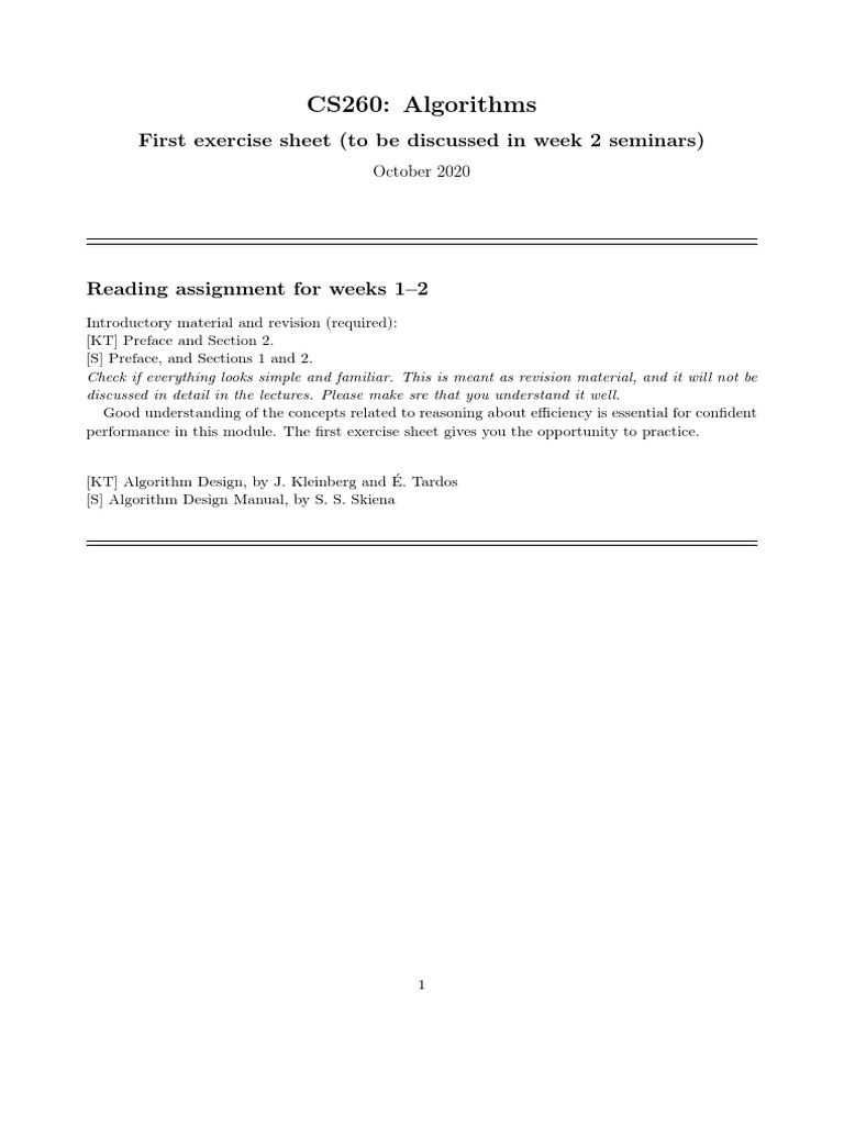 CS260: Algorithms: First Exercise Sheet (To Be Discussed in Week 2 Seminars) | PDF | Time ...