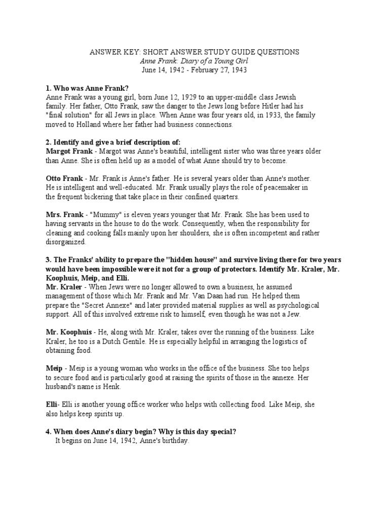 Anne Frank Study Guide Answer Key | PDF | Anne Frank