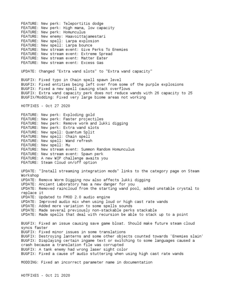 Release - Notes - Noita - 28-10-2020 | PDF | Menu (Computing) | Leisure
