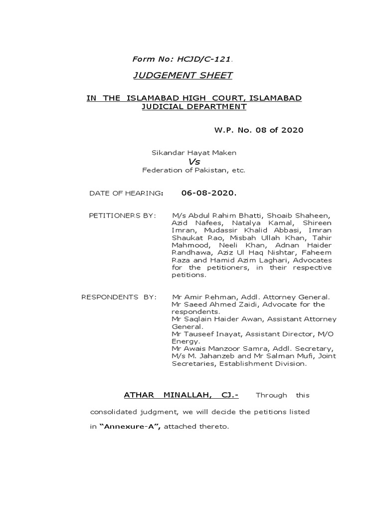 Judgement Sheet: in The Islamabad High Court, Islamabad Judicial ...