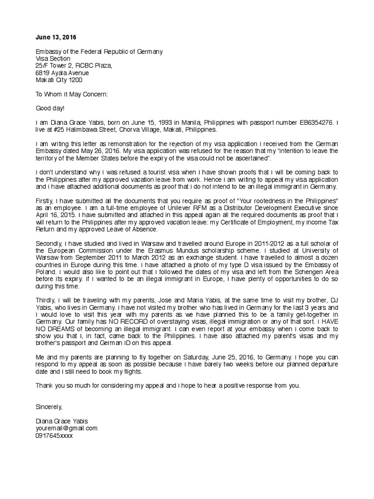 Sample Appeal Letter For Schengen Visa Refusal | PDF | Travel Visa ...