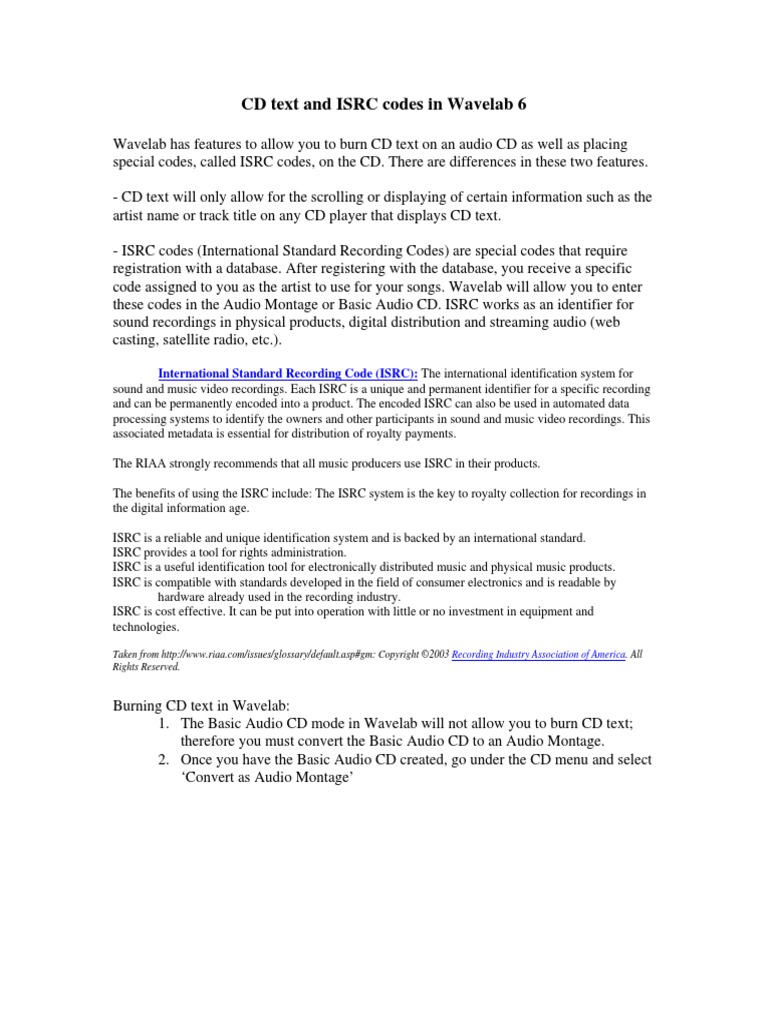 CD Text and ISRC Codes in Wavelab 6: International Standard Recording ...