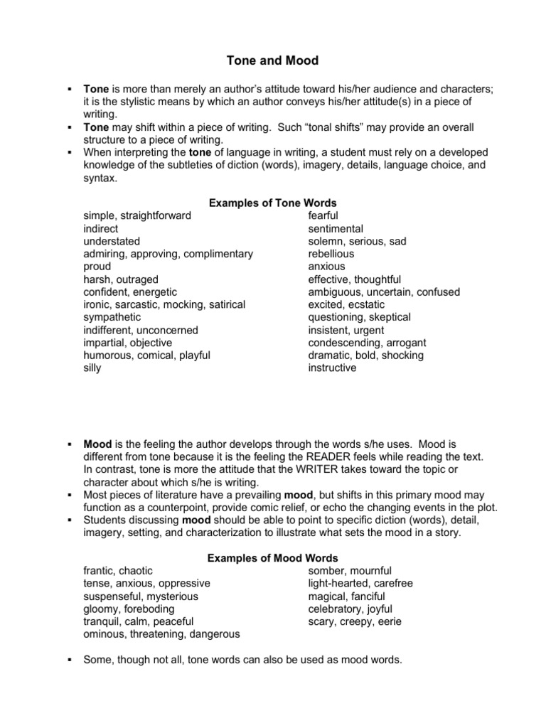 Tone and Mood: Examples of Tone Words | PDF
