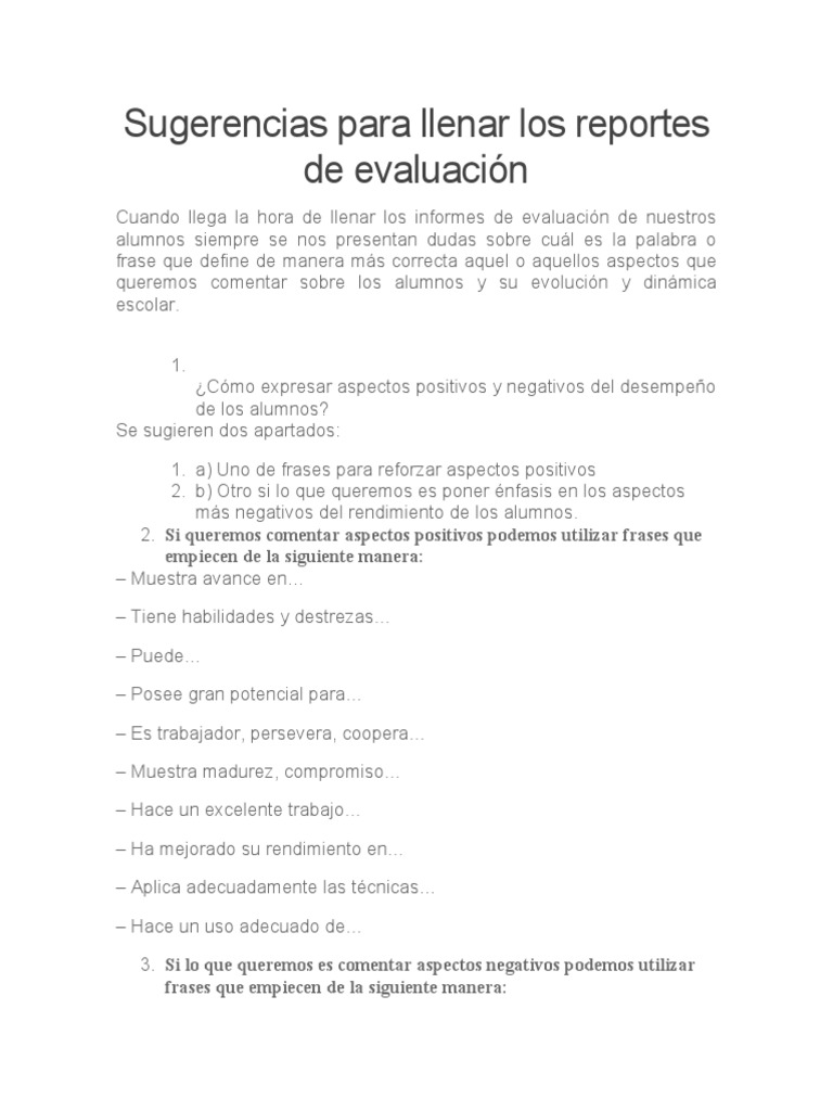 Sugerencias para Llenar Los Reportes de Evaluación | PDF