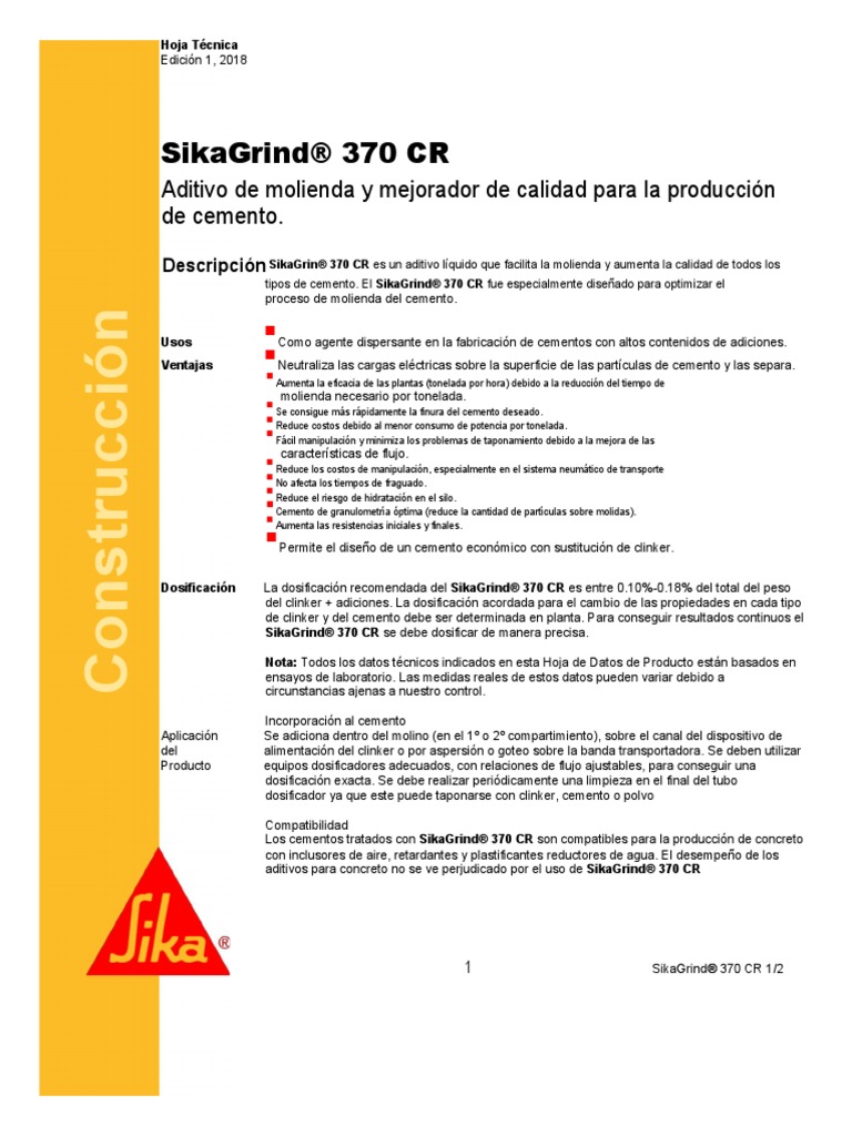 SikaGrind 370 CR A Ficha Técnica | PDF | Cemento | Hormigón