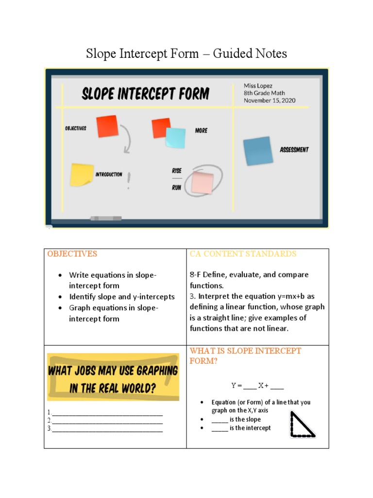 Slope Intercept Form Guided Notes Download Free Pdf Slope