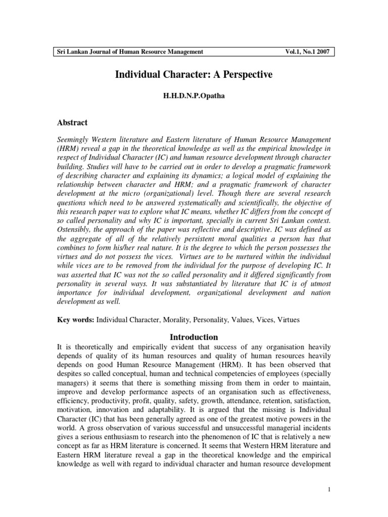 Individual Character: A Perspective: H.H.D.N.P.Opatha | PDF ...
