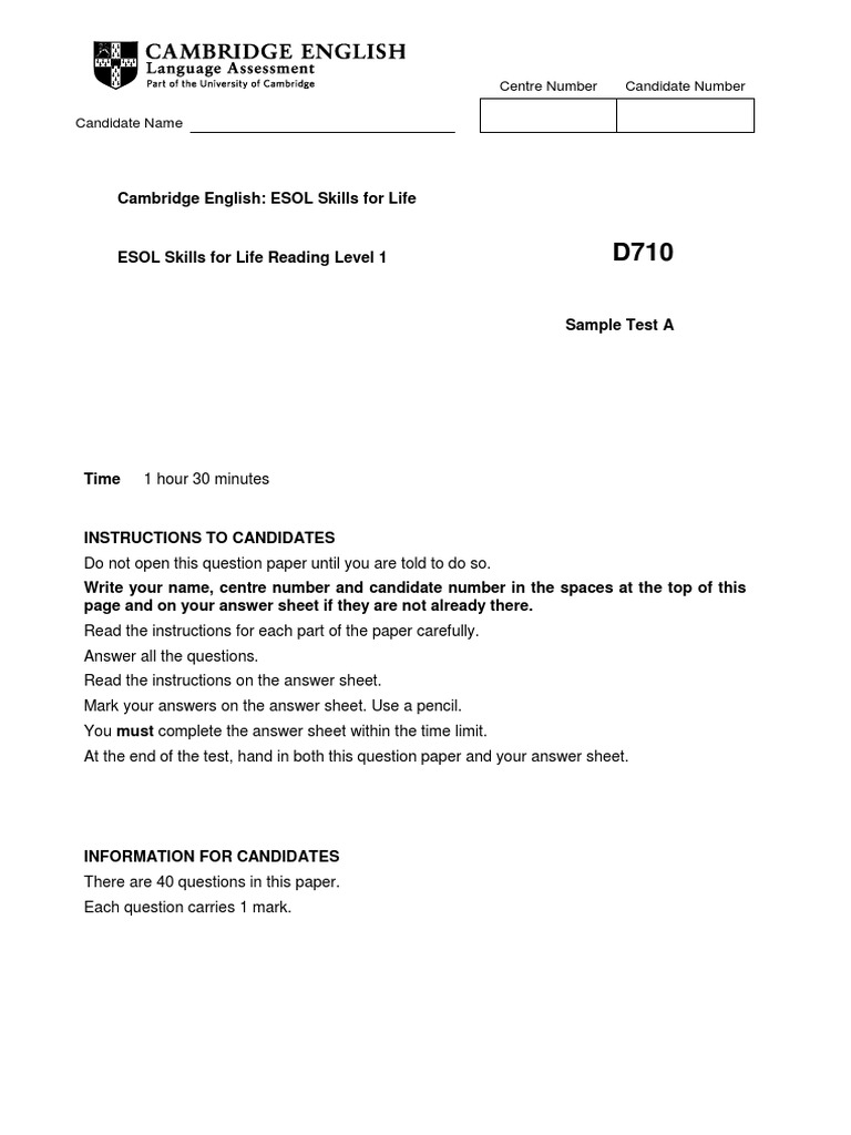 ESOL Skills for Life Level 1 Sample Test | PDF | Books | Writers