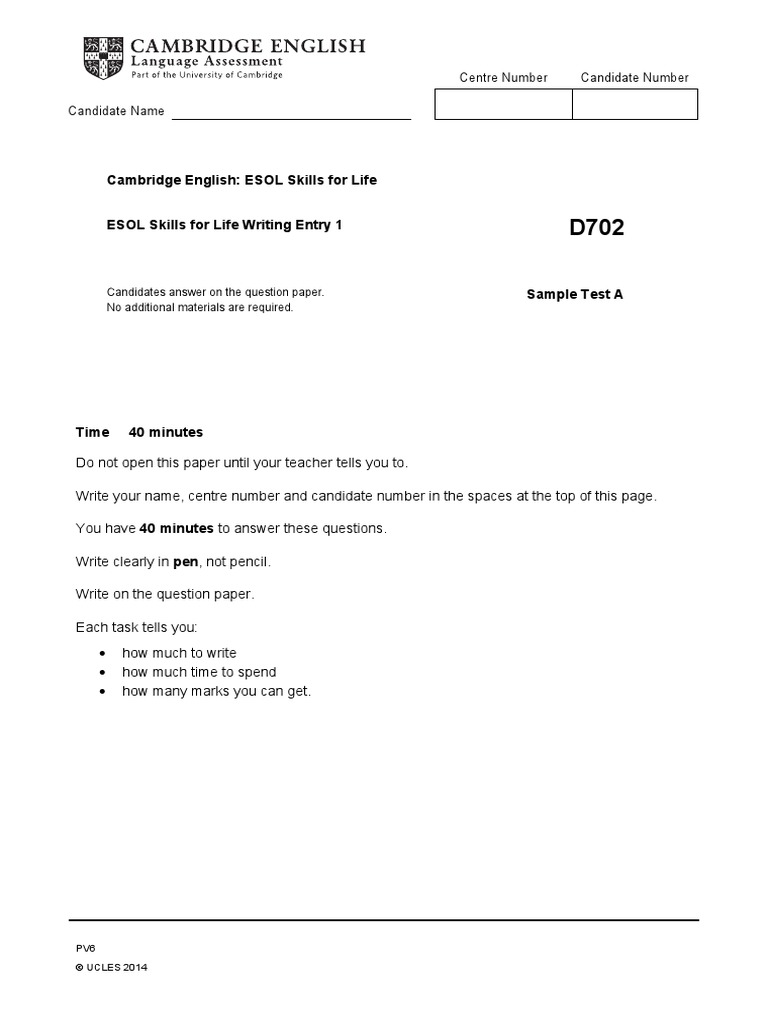 Cambridge English Esol Skills For Life Writing Entry 1 Sample Test A ...