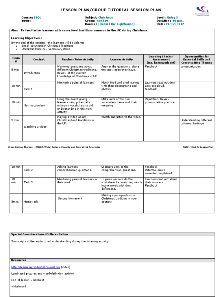 Lesson Plan/Group Tutorial Session Plan: Esol Christmas Entry 3 Sunday ...
