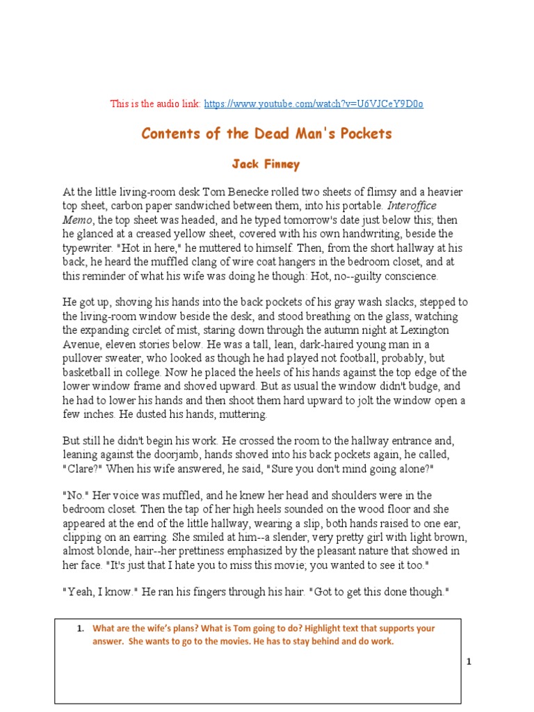 Contents of The Dead Man's Pockets: Memo, The Top Sheet Was Headed, and ...