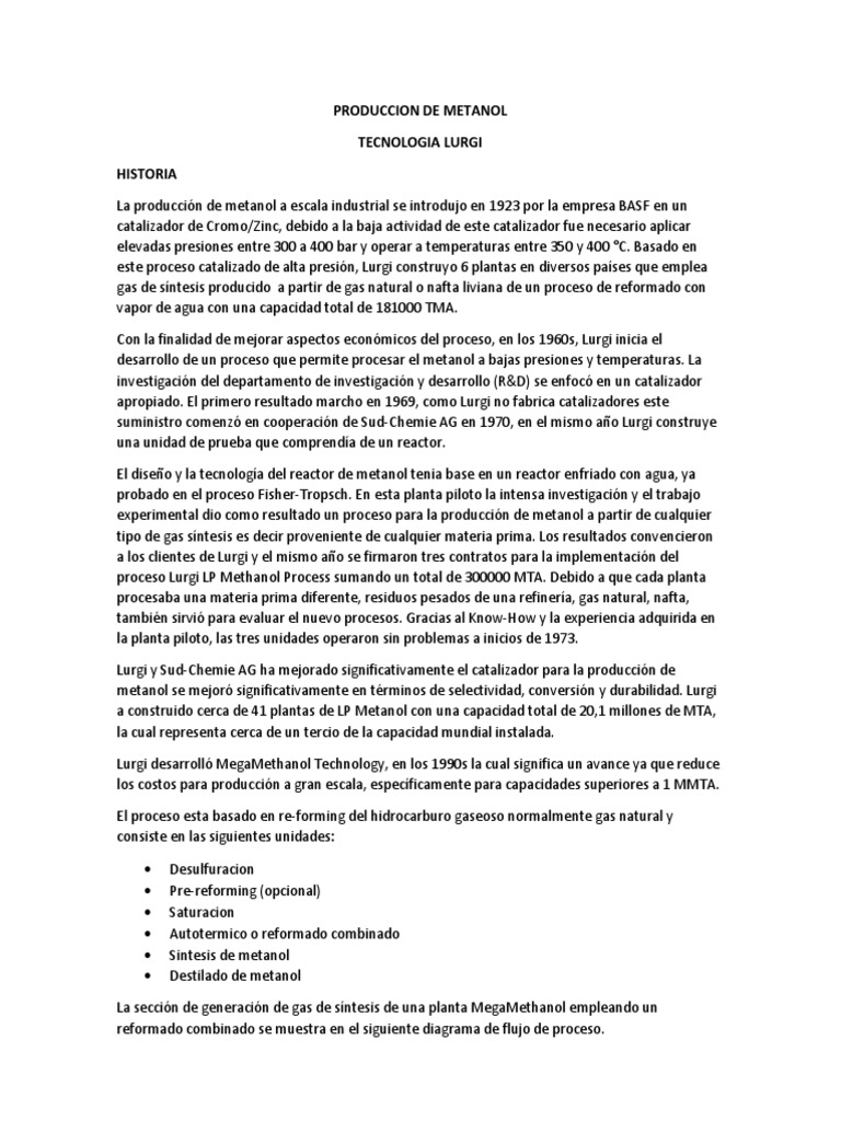 Proceso Lurgi para Producción de Metanol | PDF | Catálisis | Gas natural
