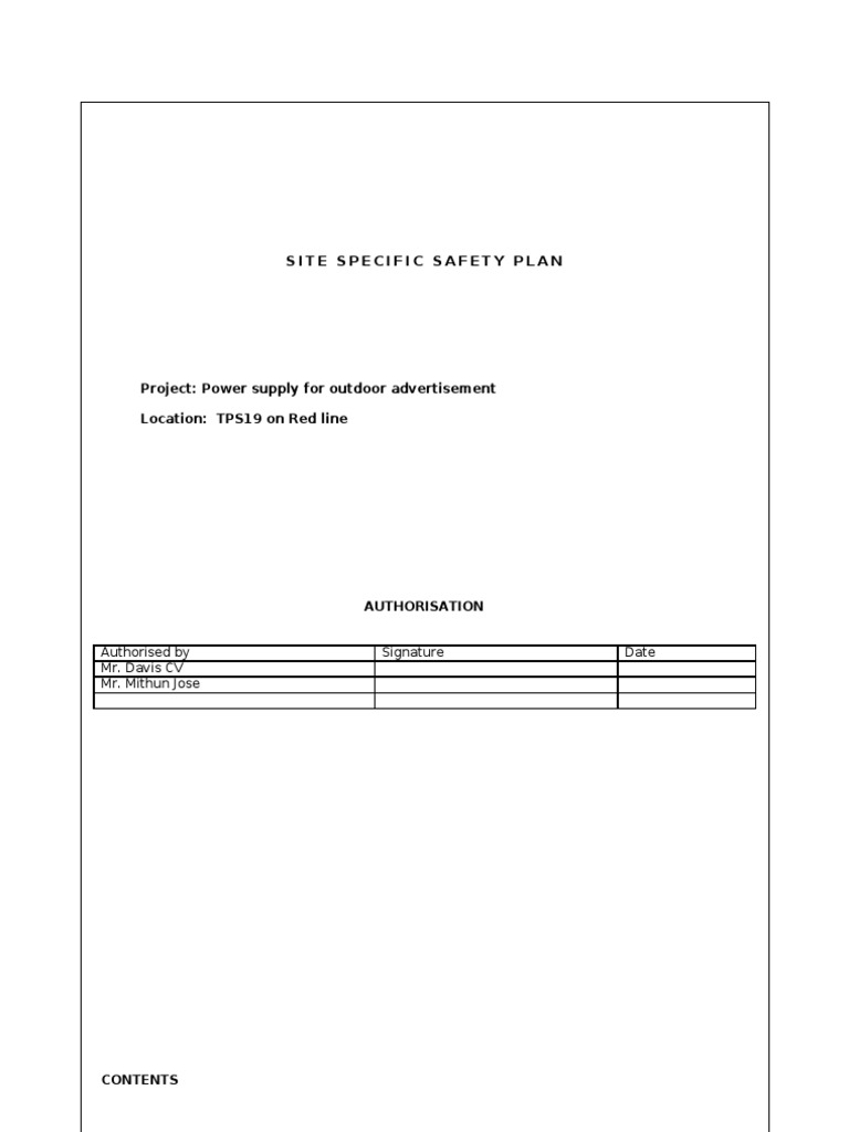 Site Specific Safety Plan: Project: Power Supply For Outdoor ...