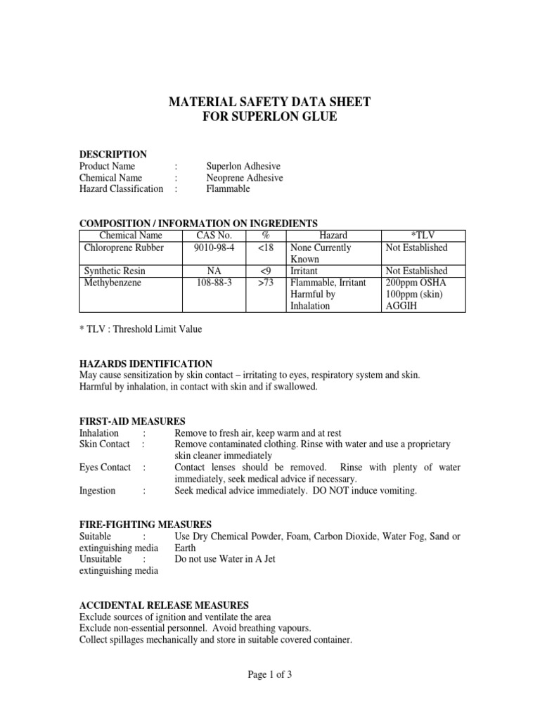 Superlon Glue MSDS Nov 22-11 | PDF | Adhesive | Water