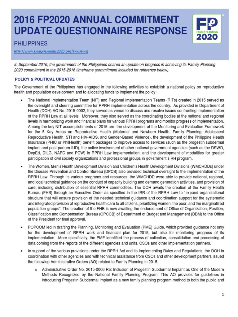 2016 Fp2020 Annual Commitment Update Questionnaire Response: Philippines | PDF | Family Planning ...