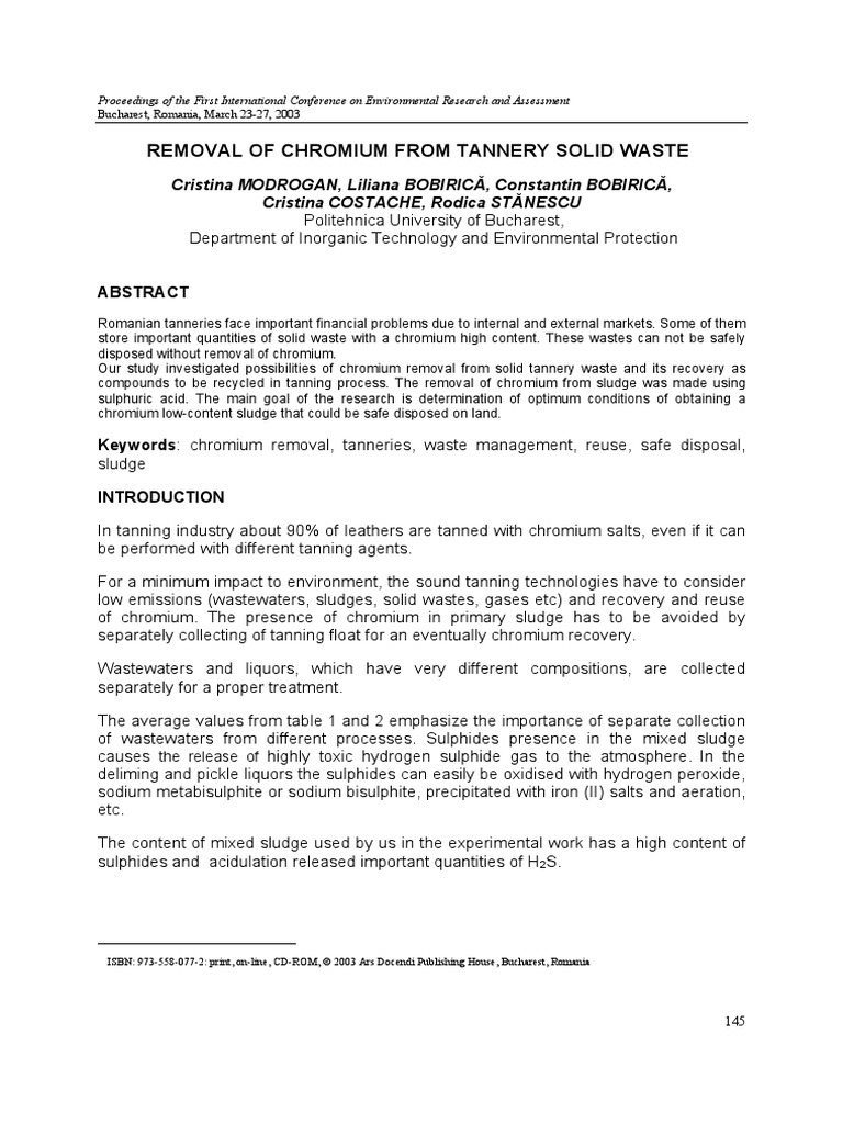 Removal of Chromium From Tannery Solid Waste | Download Free PDF | Chromium | Sewage Treatment
