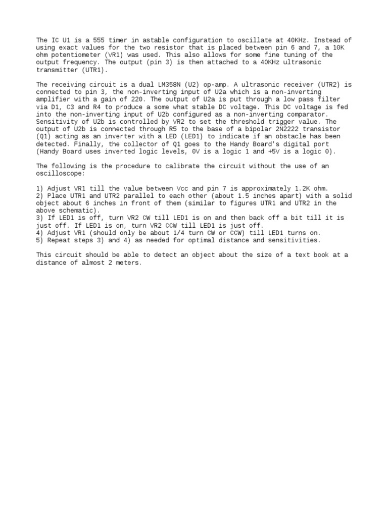 Ultrasonic Obstacle Detection Circuit Using 555 Timer and Dual Op-Amp | PDF